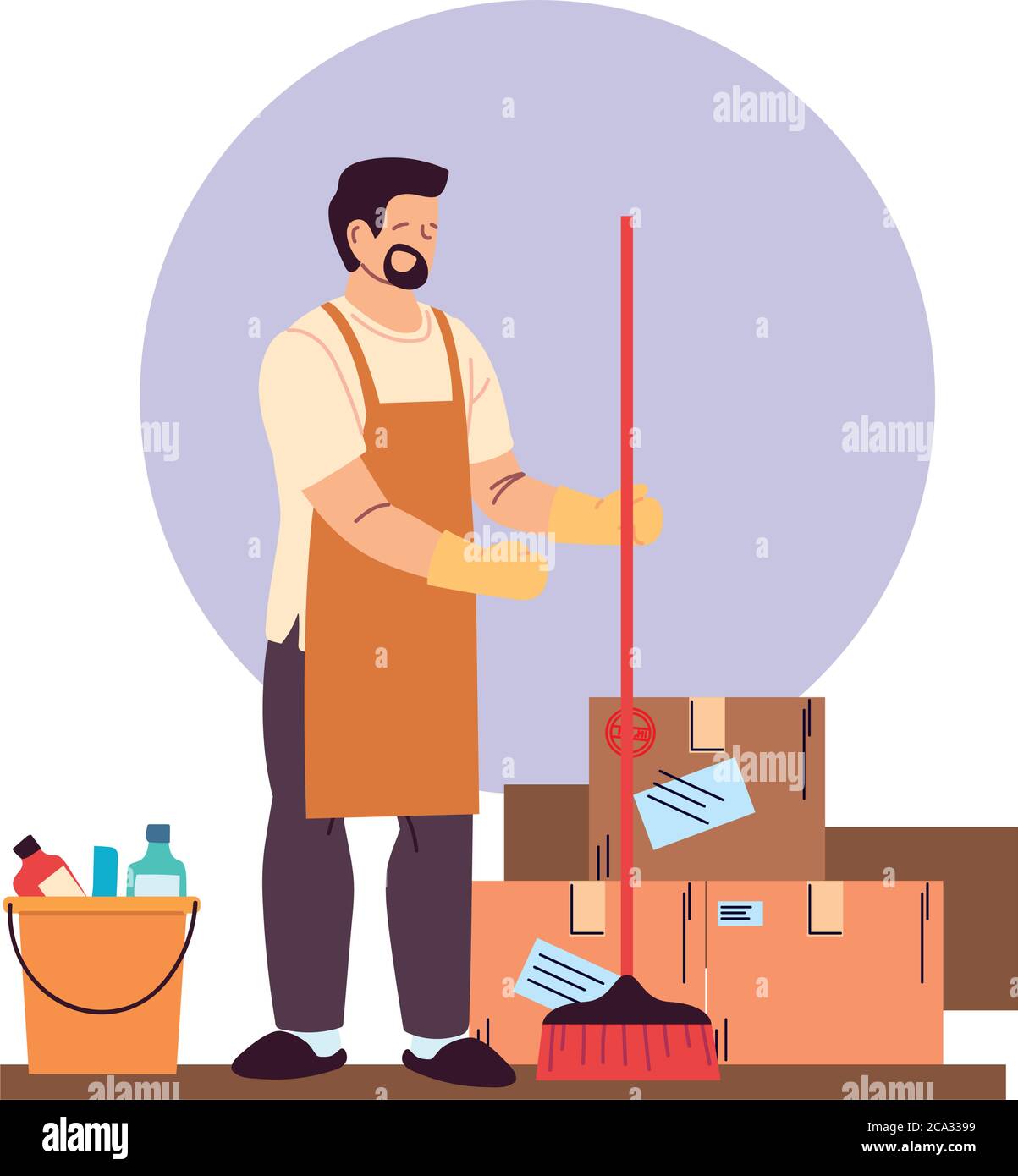 cleaning service man with gloves, cleaning utensils and boxes vector ...