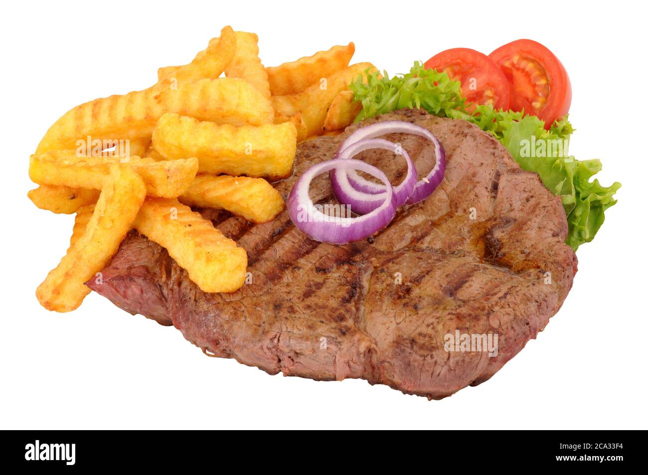 Fried rump beef steak with potato fries meal isolated on a white ...