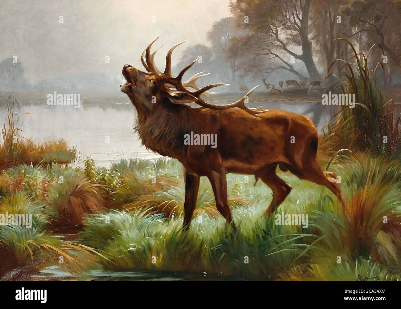 Mackeprang Adolph Henrik - Roaring Stag Standing by a Lake - Danish ...