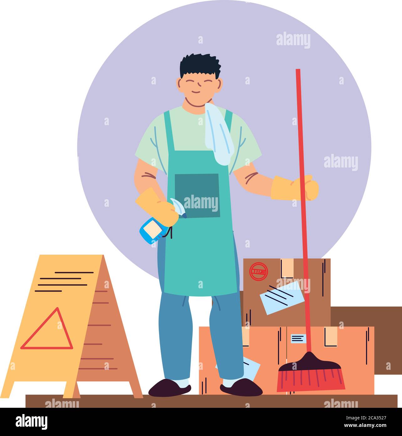 cleaning service man with gloves, cleaning utensils and boxes vector ...