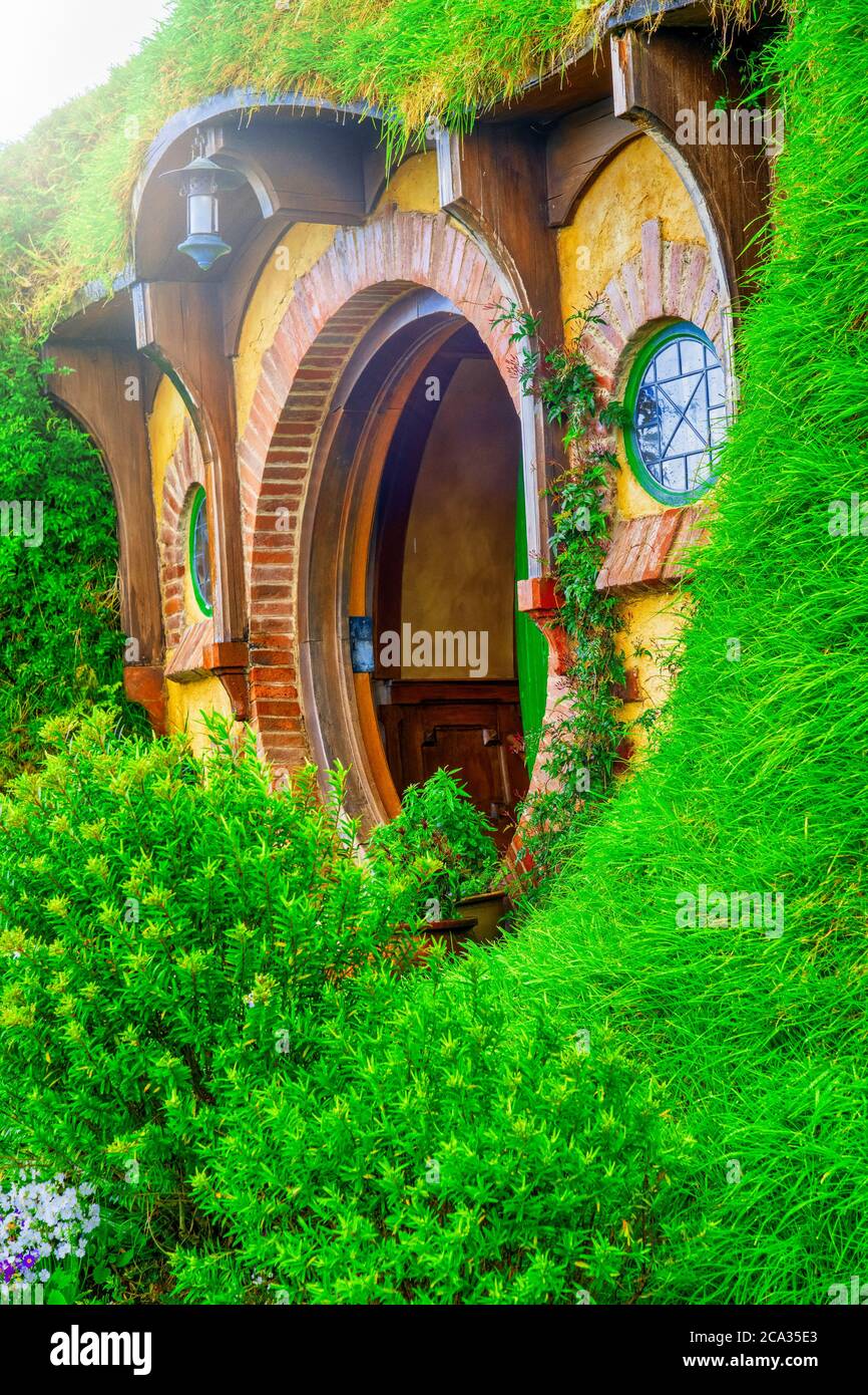 Hobbiton Village, wooden homes in New Zealand North Island Stock Photo ...