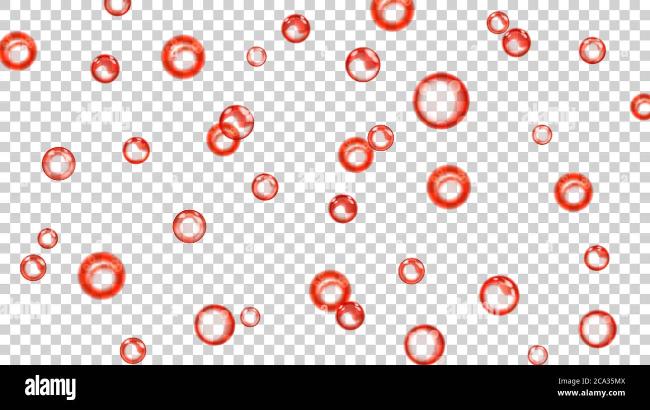 Translucent bubbles or water drops of different sizes in red colors on ...