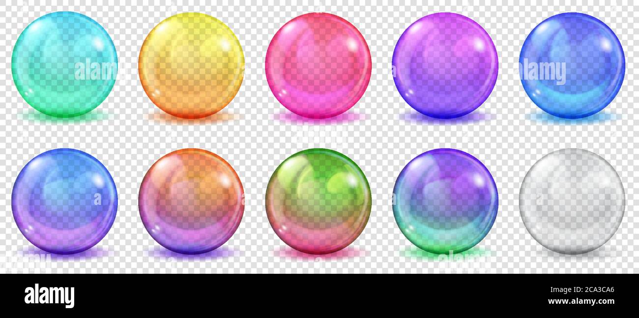 Set of translucent colored spheres with glares and shadows on ...