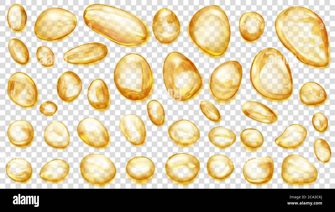 Set of yellow translucent water drops of different shapes, isolated on ...