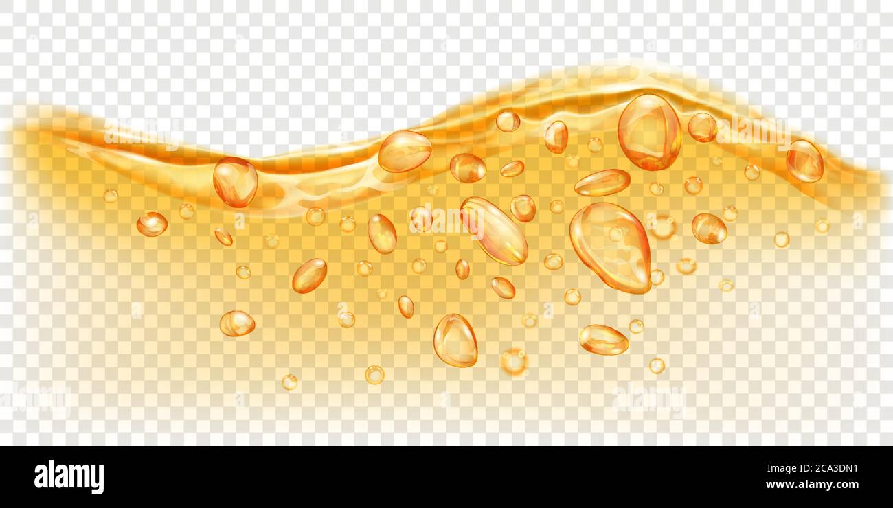 Translucent water wave in yellow colors with air bubbles and drops ...