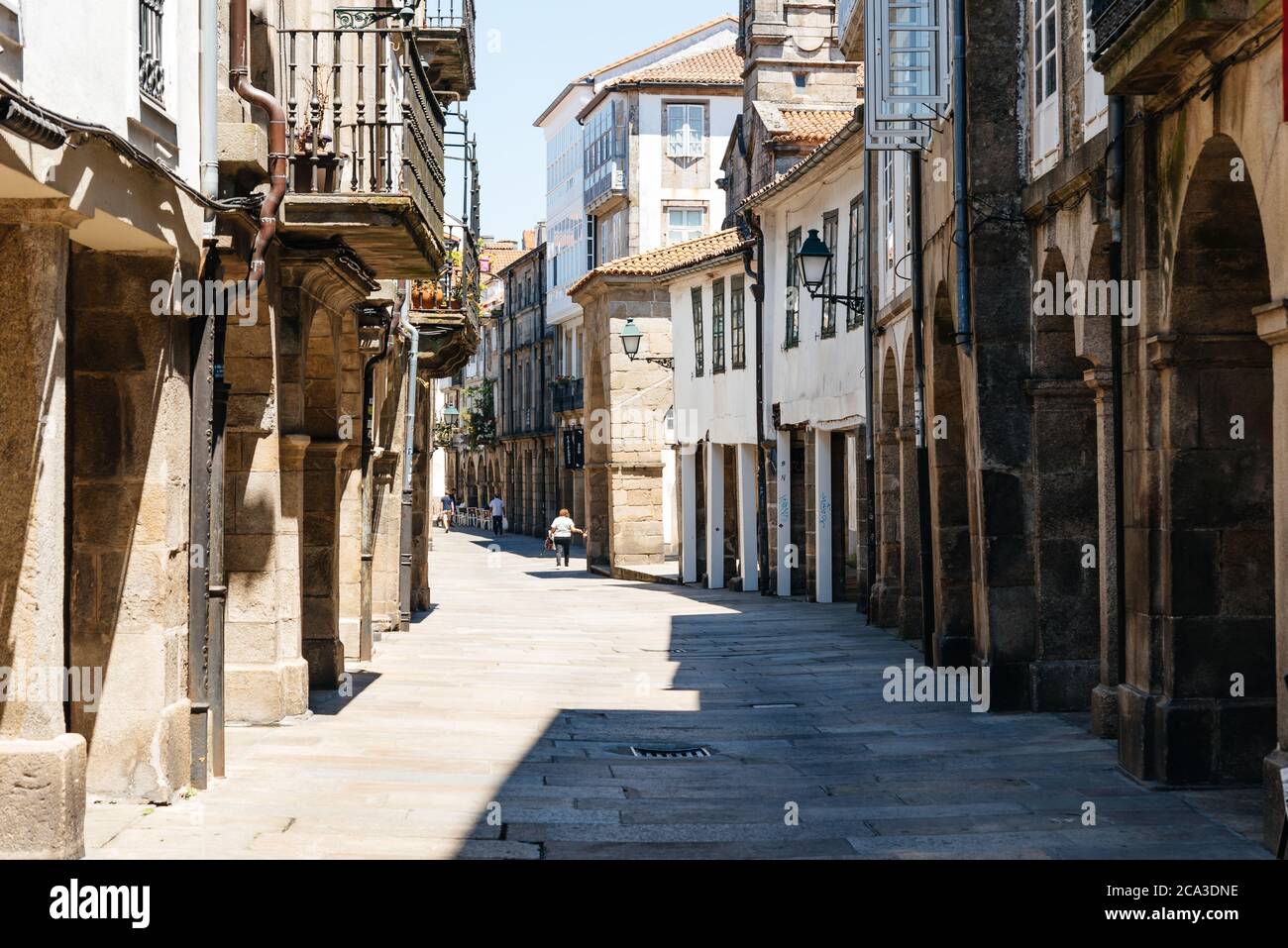 Santiago de Compostela, Spain - July 18, 2020: Old street with arcades ...