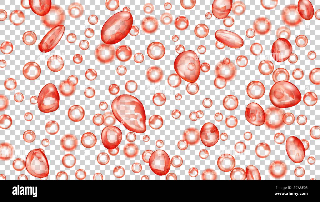 Translucent water drops and bubbles of different shapes in red colors ...