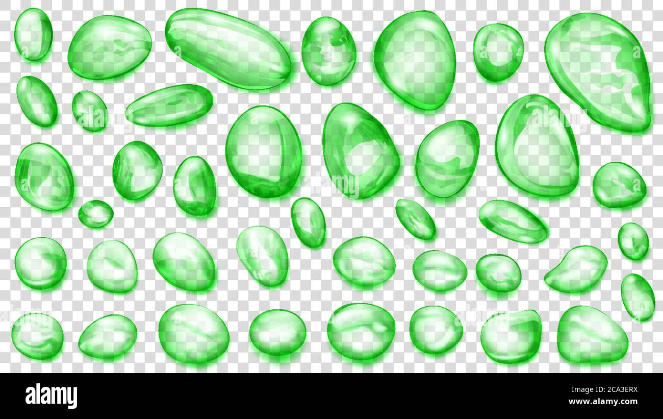 Set of green translucent water drops of different shapes, isolated on ...