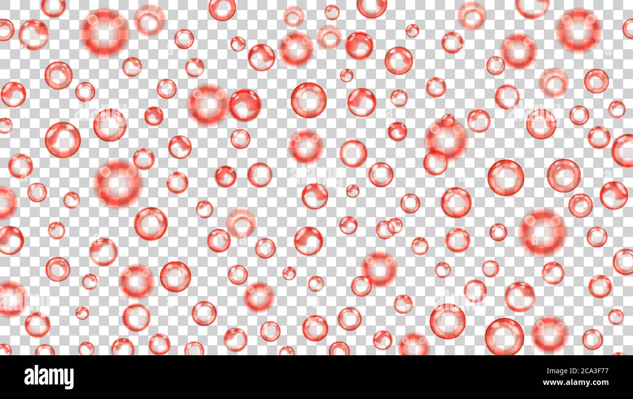 Translucent bubbles or water drops of different sizes in red colors on ...