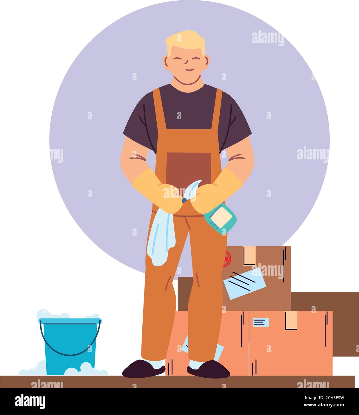 cleaning service man with gloves, cleaning utensils and boxes vector ...
