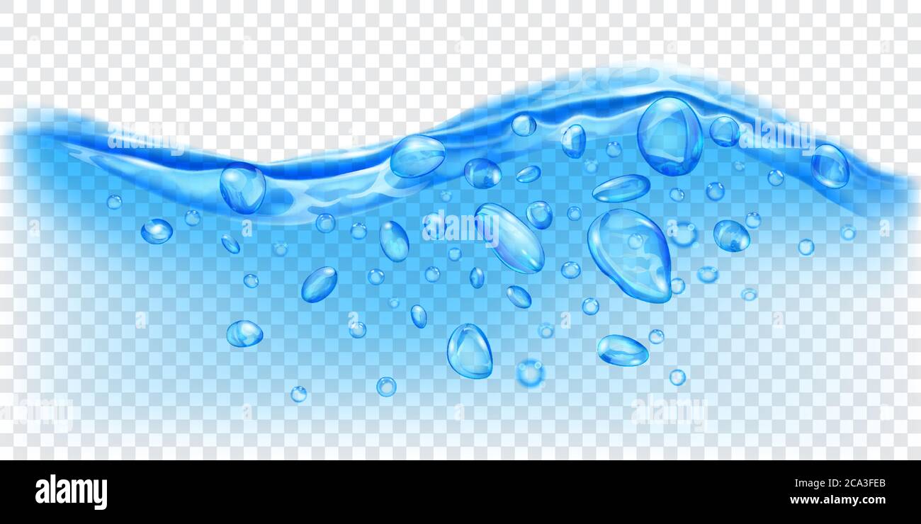 Translucent water wave in light blue colors with air bubbles and drops ...