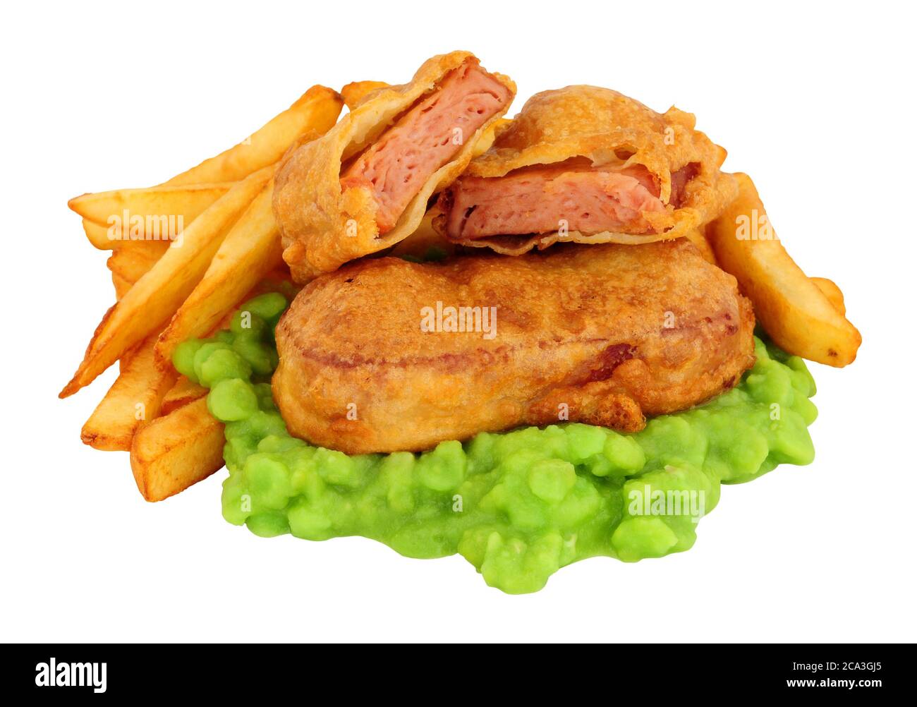Spam fritters and chips meal with mushy peas isolated on a white ...