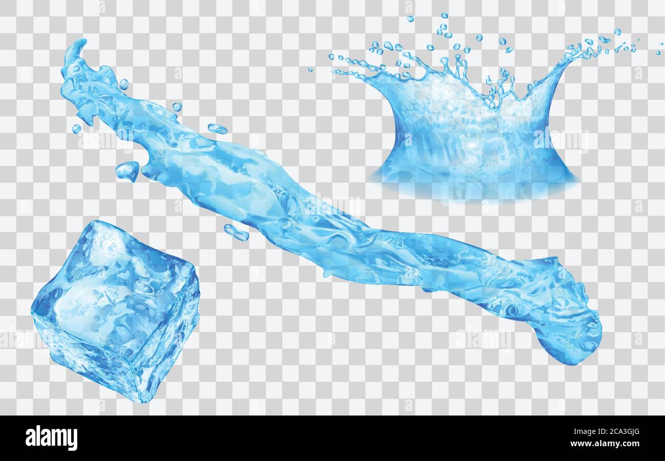 Translucent ice cube, splash and water crown with drops - side view. In ...