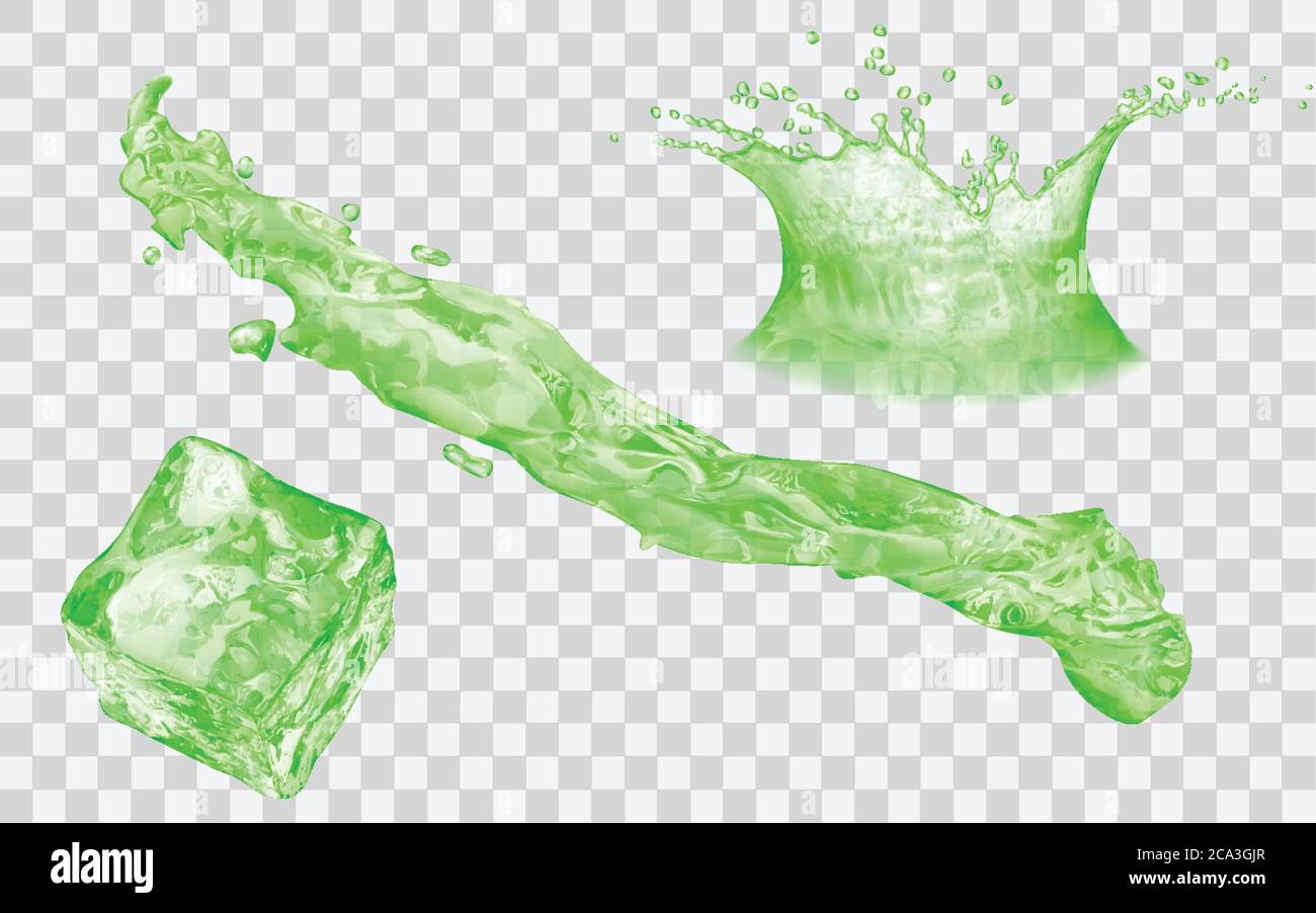 Translucent ice cube, splash and water crown with drops - side view. In ...