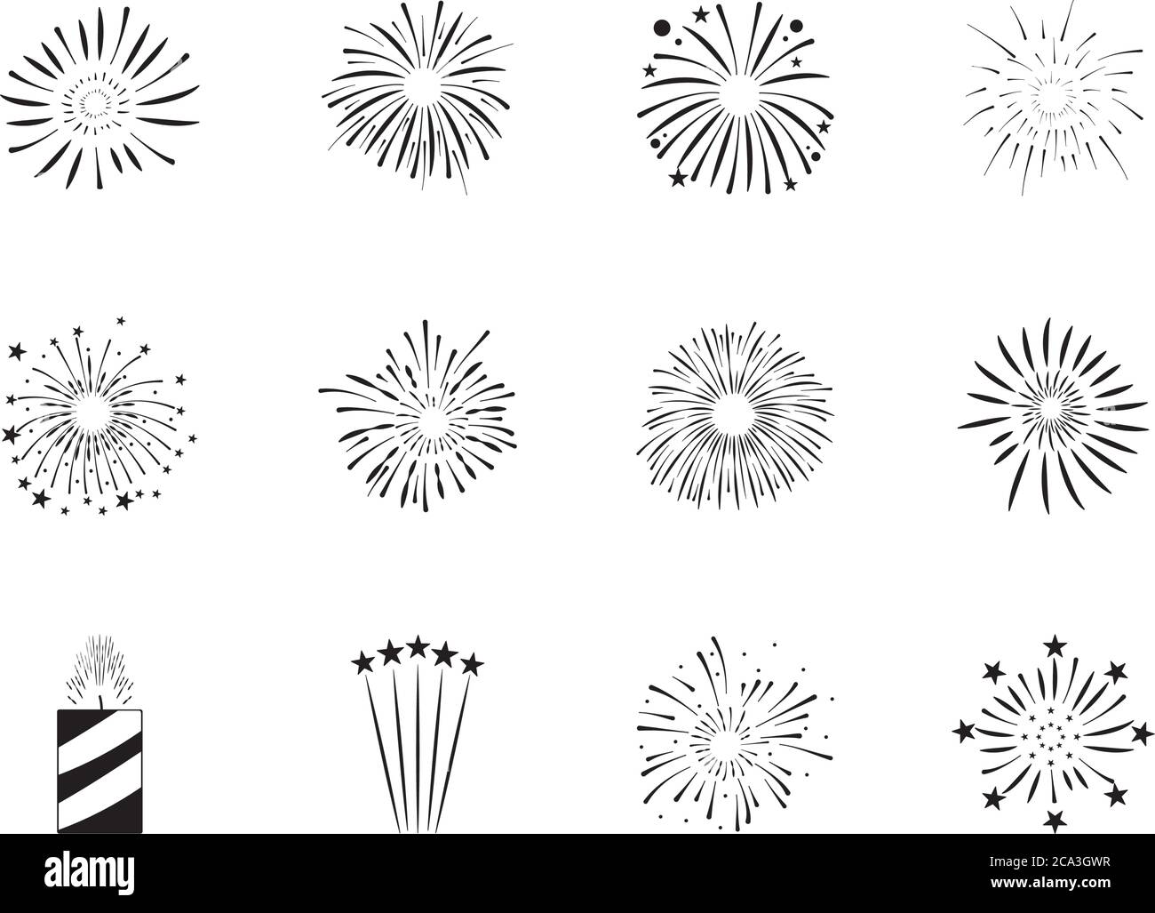 icon set of fireworks bursts over white background, silhouette style ...