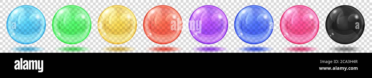 Set of translucent colored spheres with glares and shadows on ...