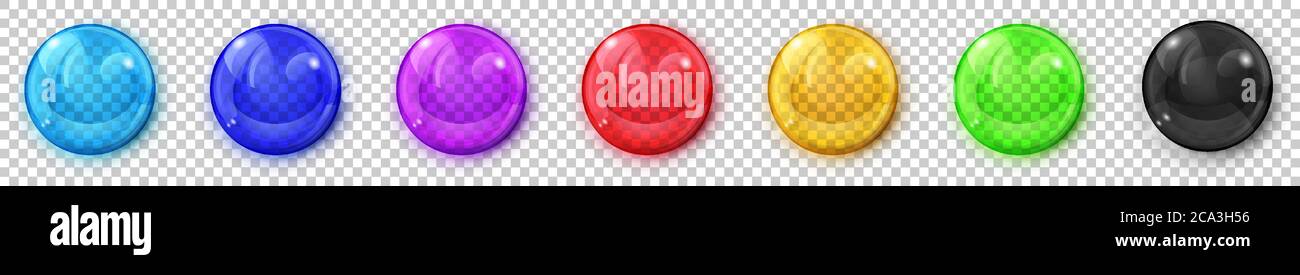 Set of translucent colored spheres with glares and shadows on transparent background ...
