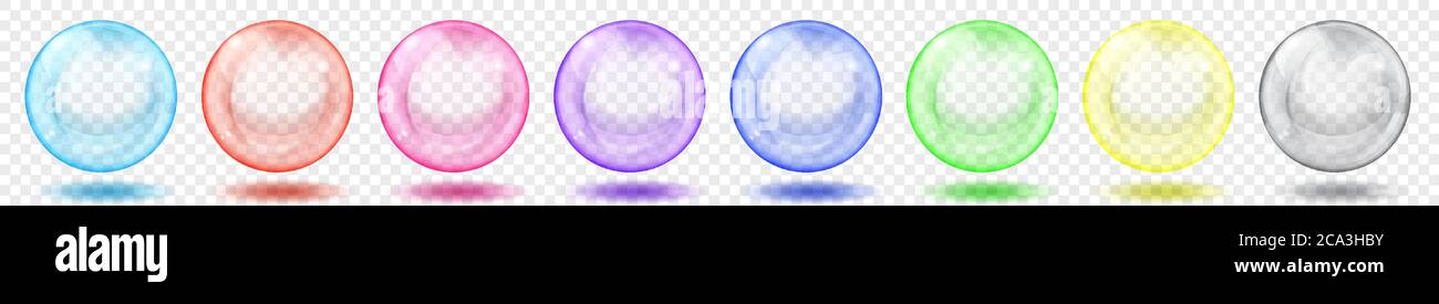 Set of translucent colored spheres with glares and shadows on transparent background ...