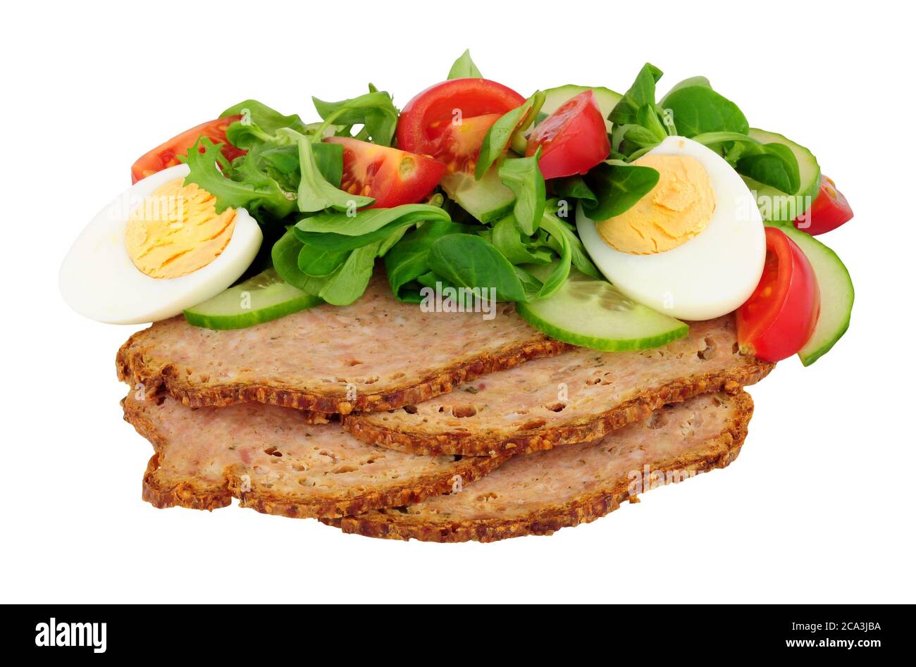 Thin slices of haslet meat with a fresh egg salad meal isolated on a ...