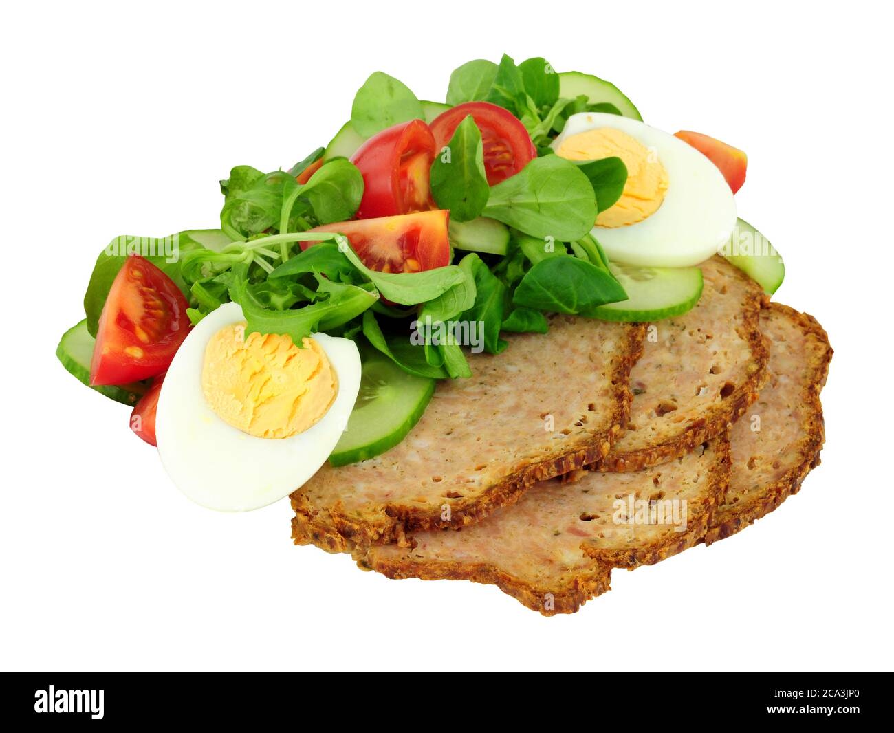 Thin slices of haslet meat with a fresh egg salad meal isolated on a ...