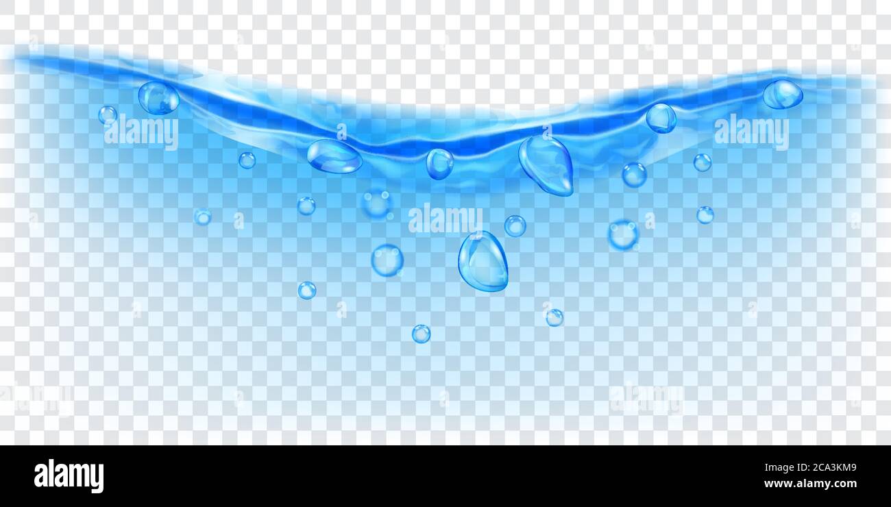 Translucent water wave in light blue colors with air bubbles and drops ...