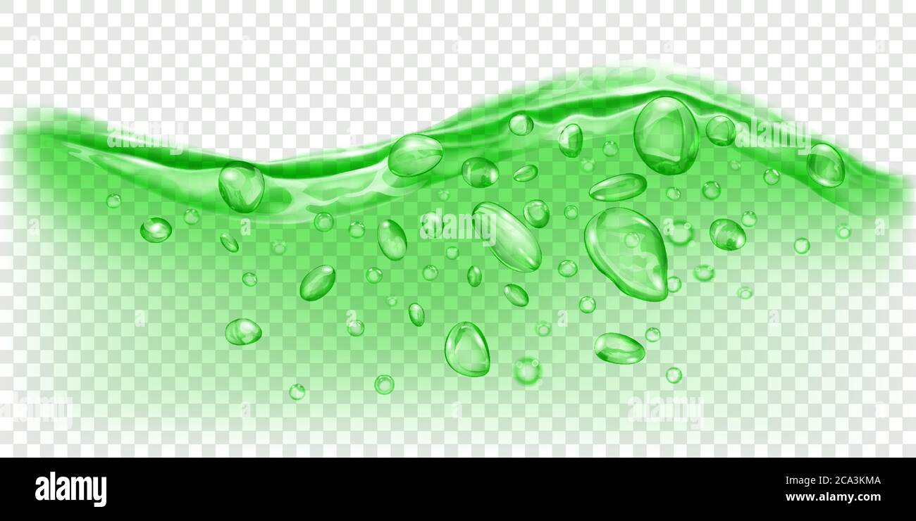 Translucent water wave in green colors with air bubbles and drops ...