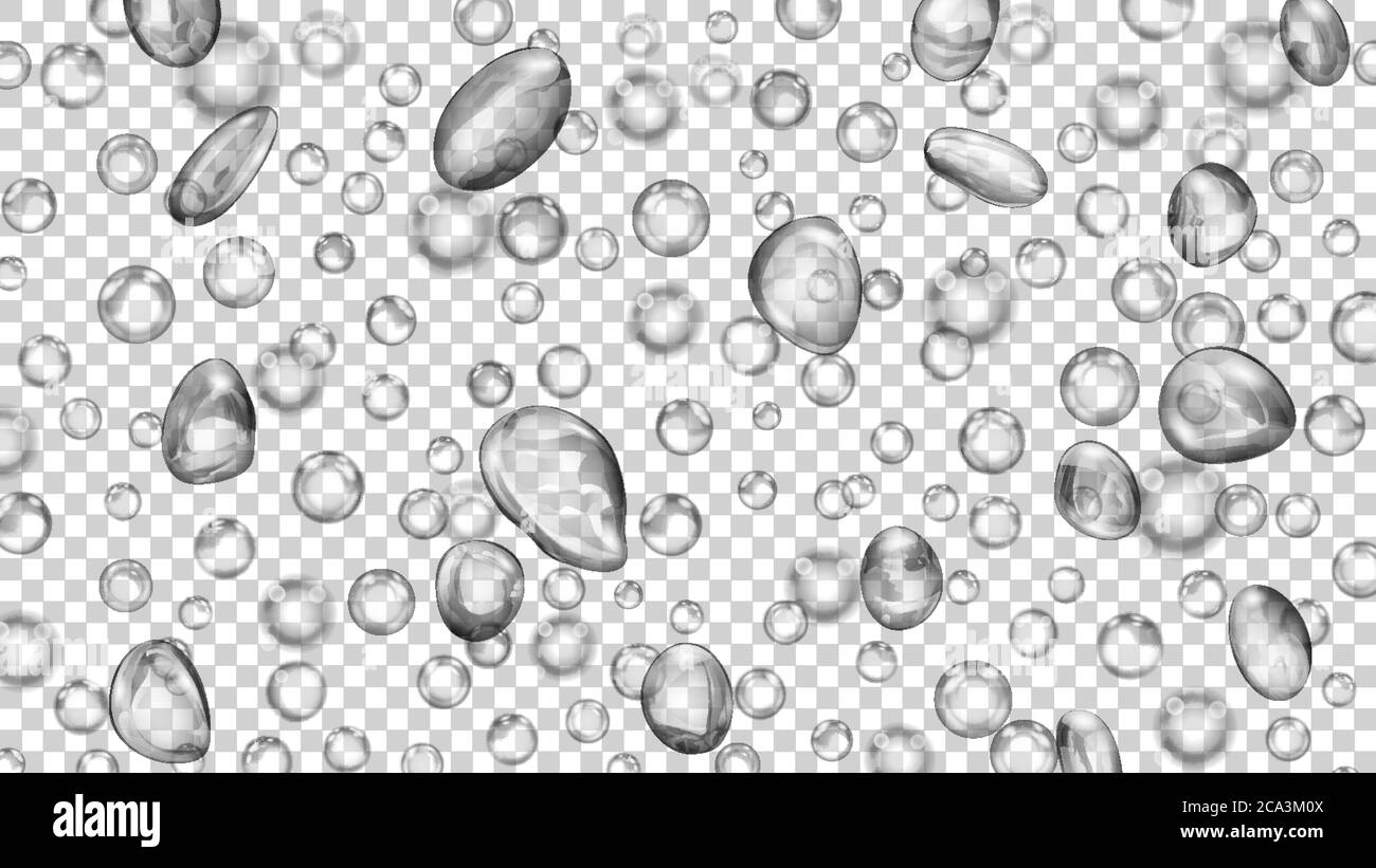 Translucent water drops and bubbles of different shapes in gray colors ...