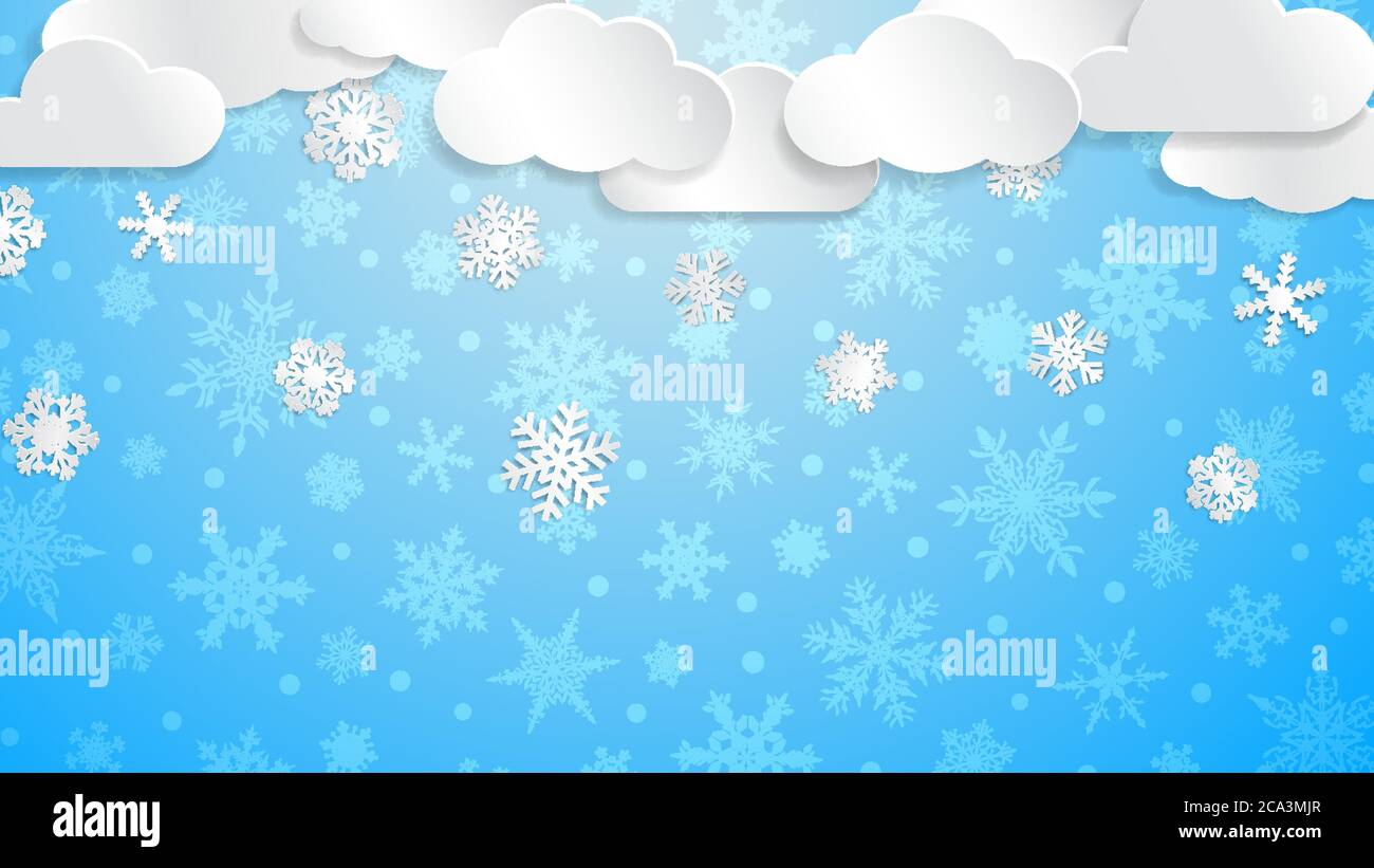 Christmas illustration with white clouds and snowflakes on light blue ...