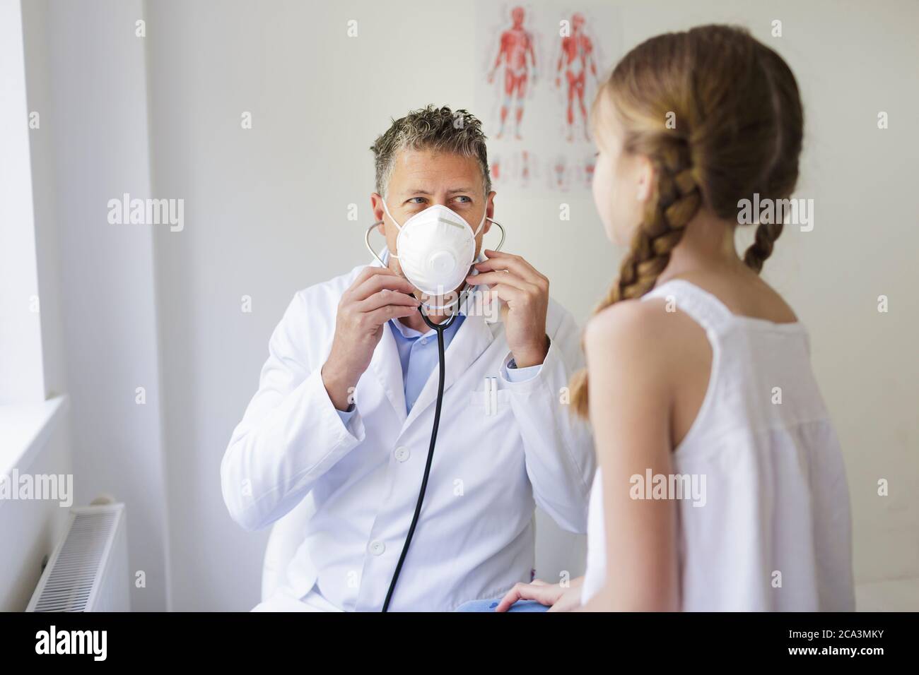 good looking male doctor with three-day beard and nose and mouth mask ...