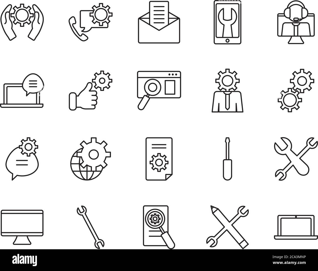 global sphere and technical service icon set over white background ...