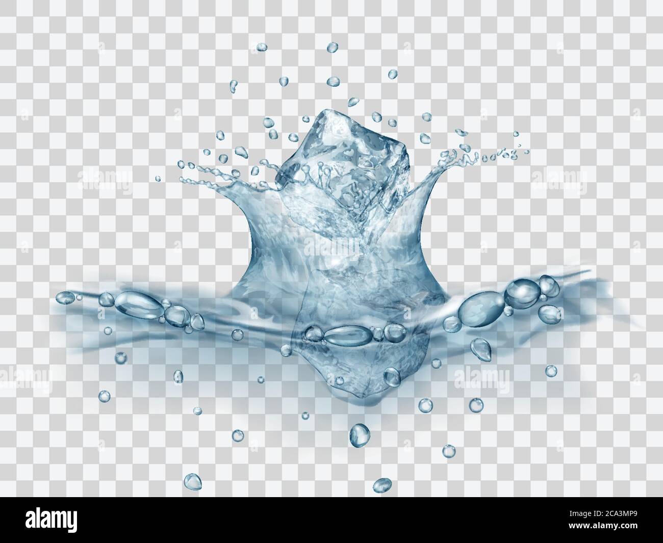 Translucent water surface with crown and drops from falling ice cubes ...