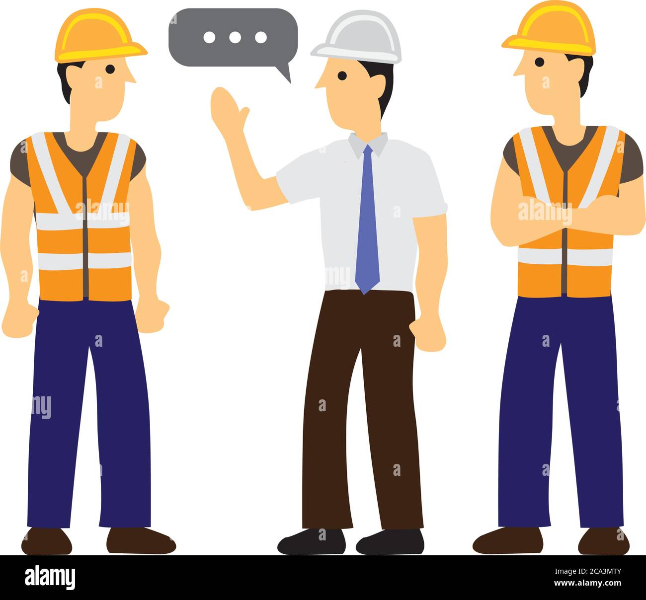Conversation between the foreman and his construction workers. Concept of safety communication ...