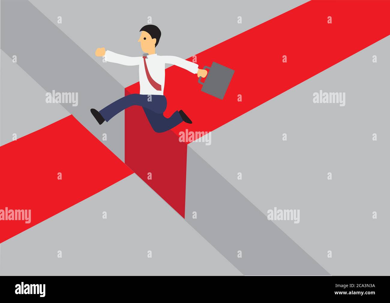 Businessman running on a red road and jumping over a giant gap. Vector ...