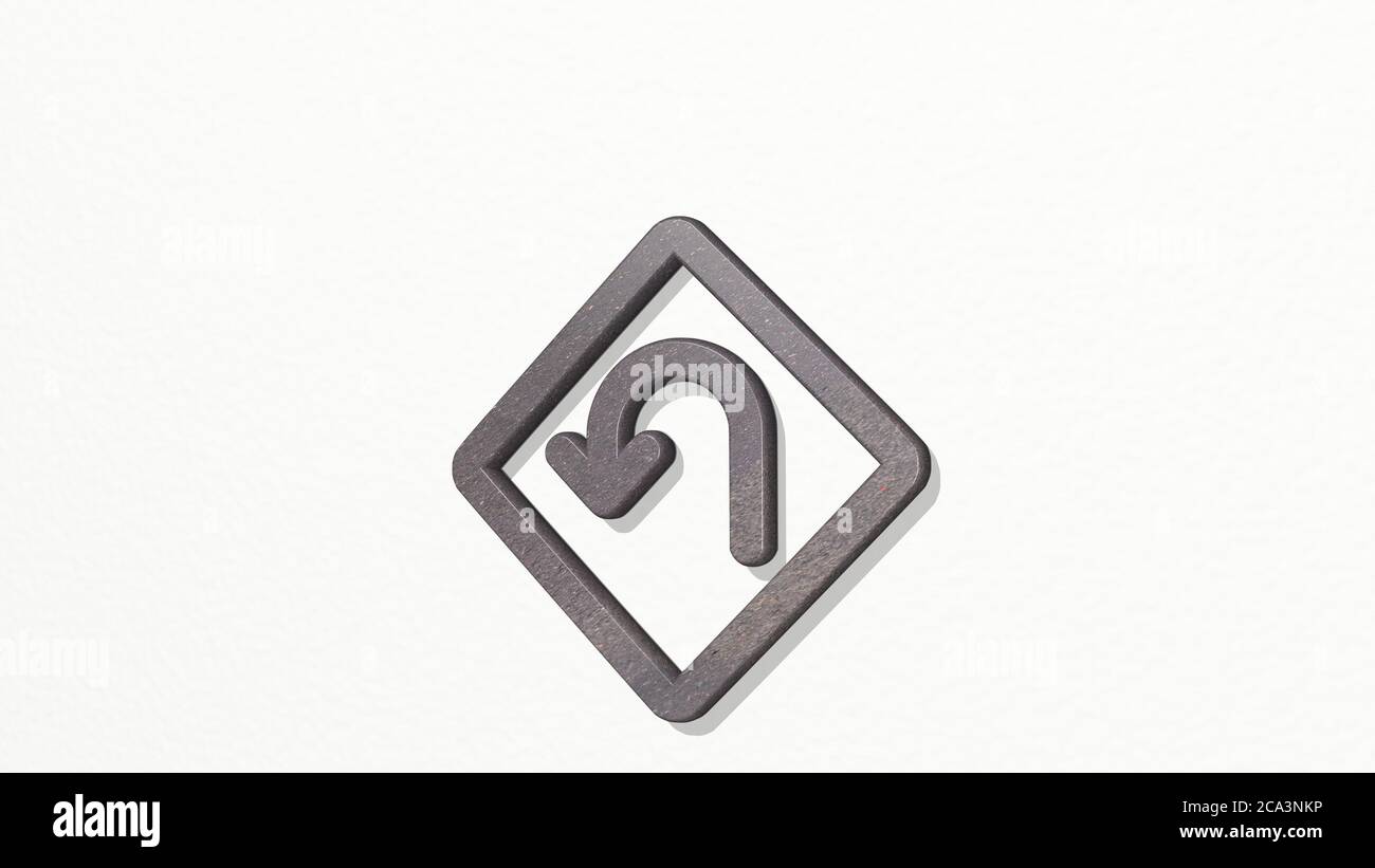 ROAD SIGN HAIRPIN TURN LEFT made by 3D illustration of a shiny metallic ...