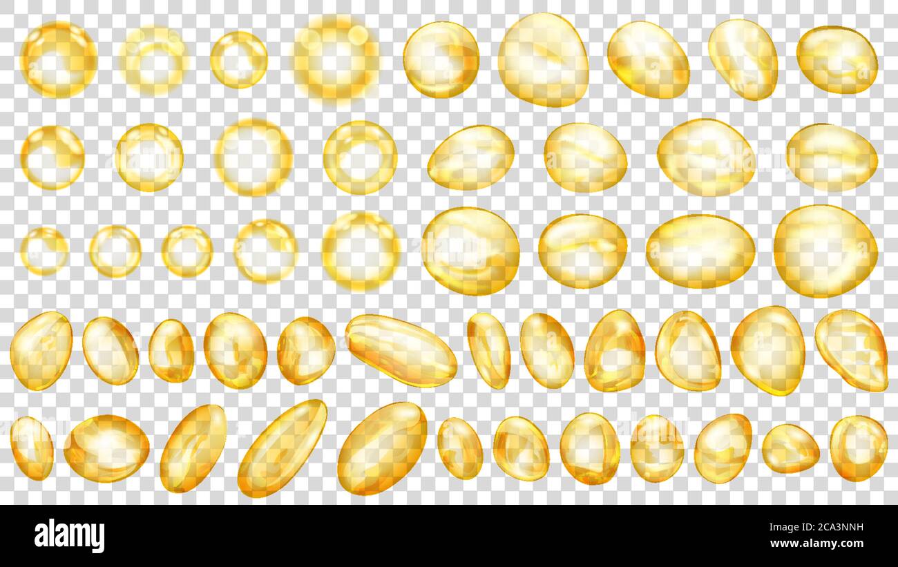 Set of yellow translucent water drops and bubbles of different shapes ...