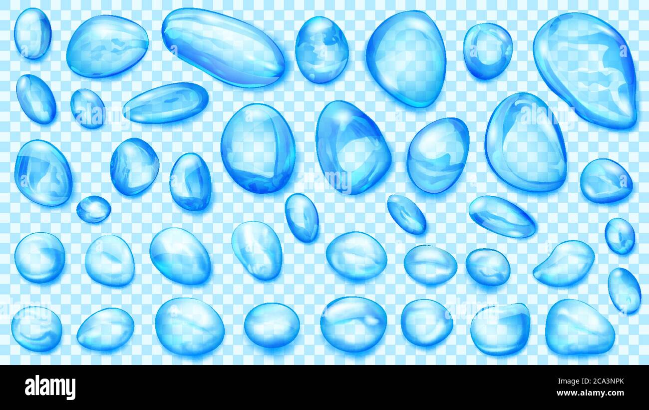 Set of light blue translucent water drops of different shapes, isolated ...