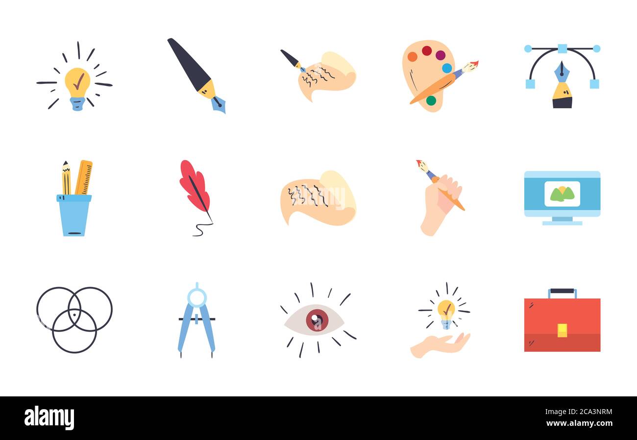 line and fill style icon set design, Art design and creativity theme ...