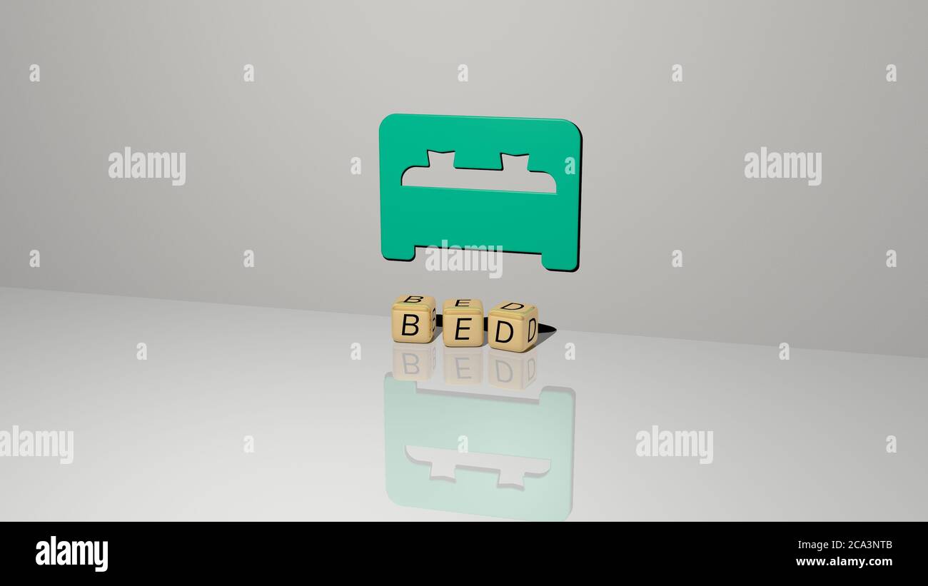 3D illustration of bed graphics and text made by metallic dice letters ...