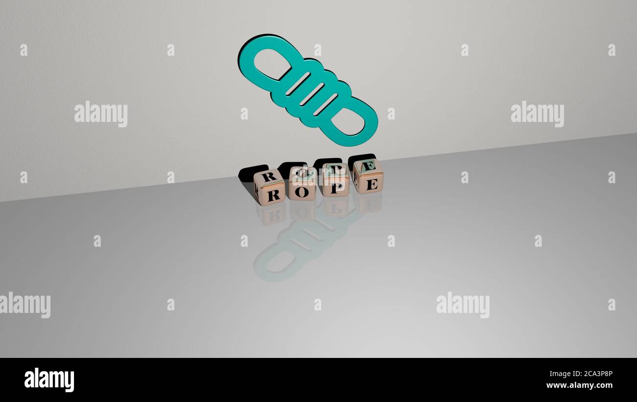 3D illustration of rope graphics and text made by metallic dice letters ...