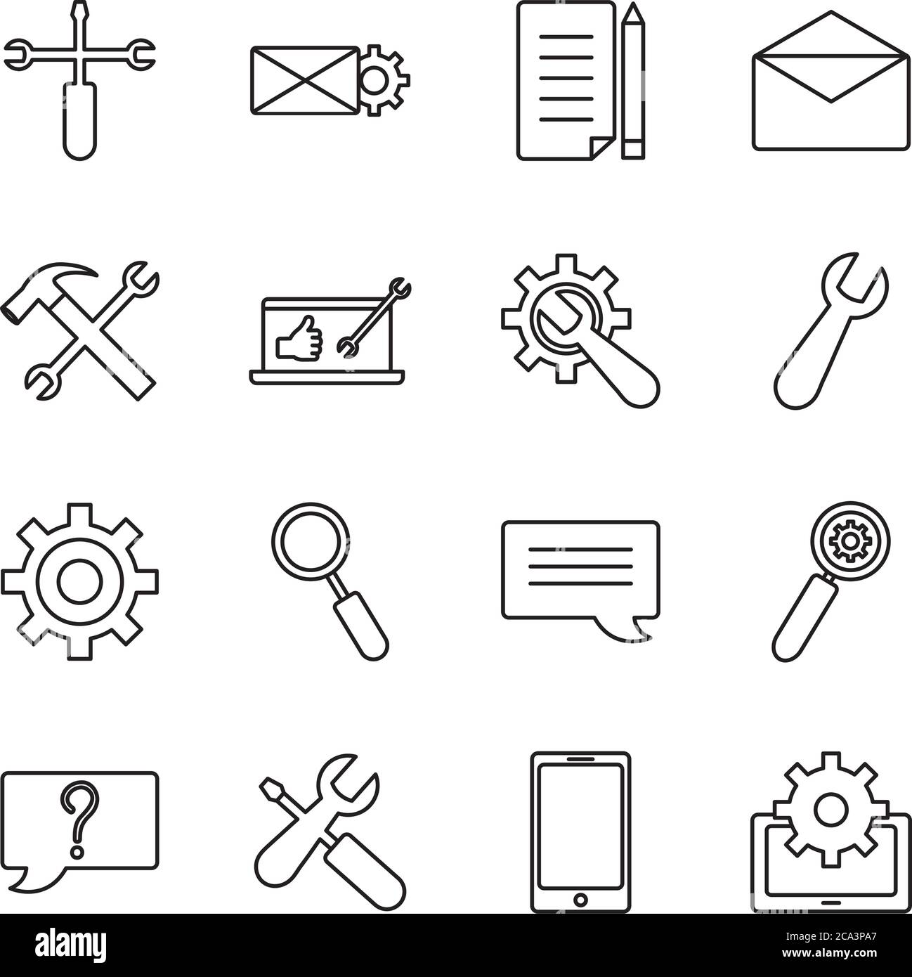 envelope and Technical service icon set over white background, line ...