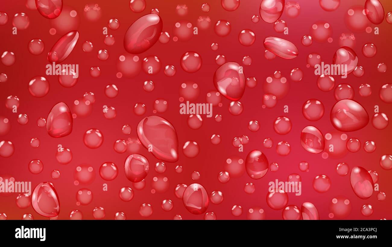 Background of water drops and bubbles of different shapes in red colors ...