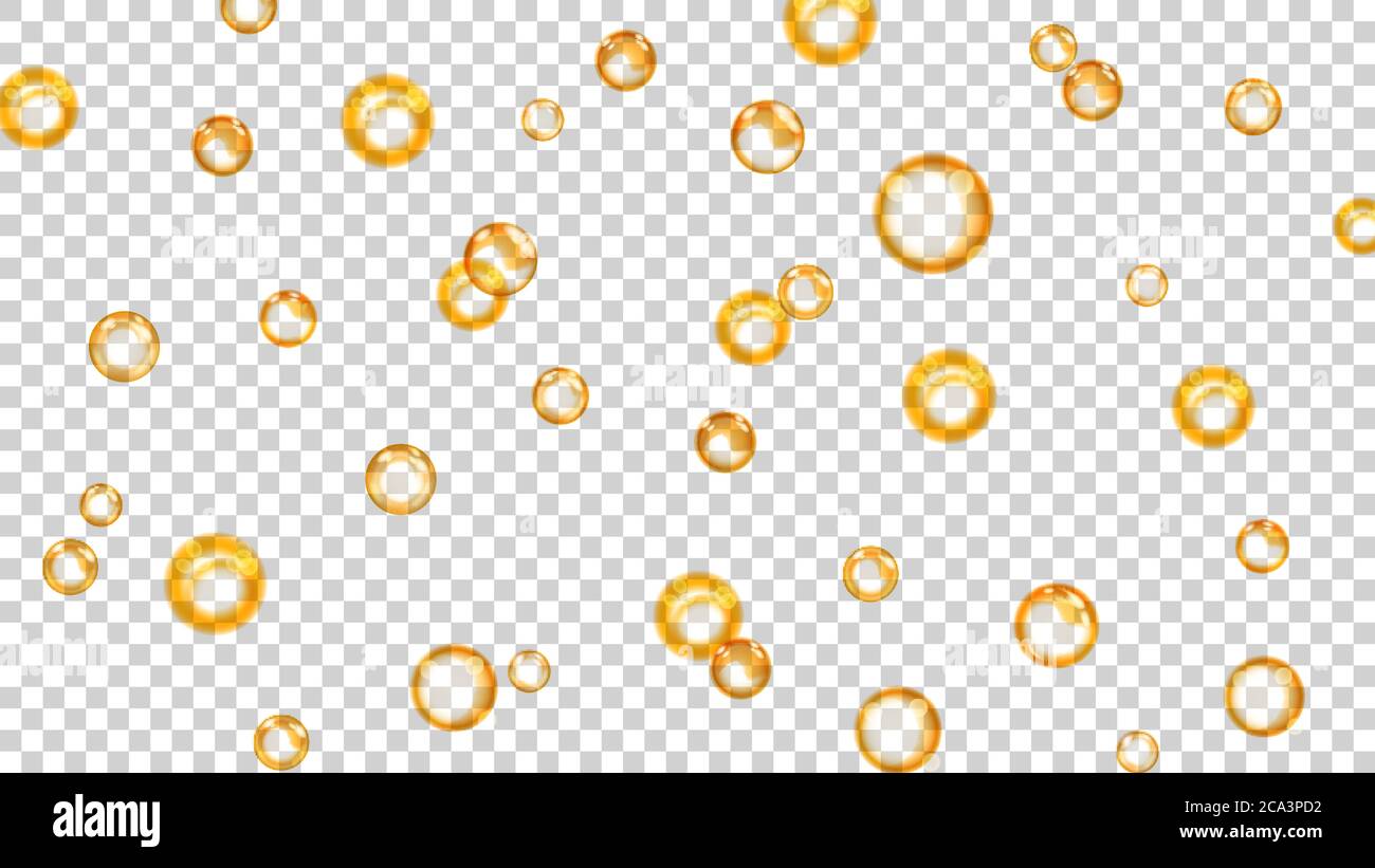 Translucent bubbles or water drops of different sizes in yellow colors ...