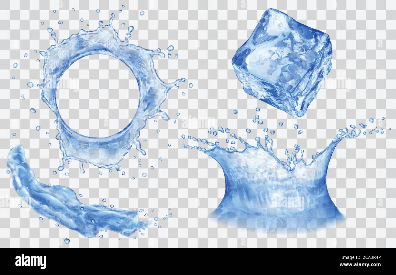 Translucent ice cube, splash and water crown with drops - top and side ...