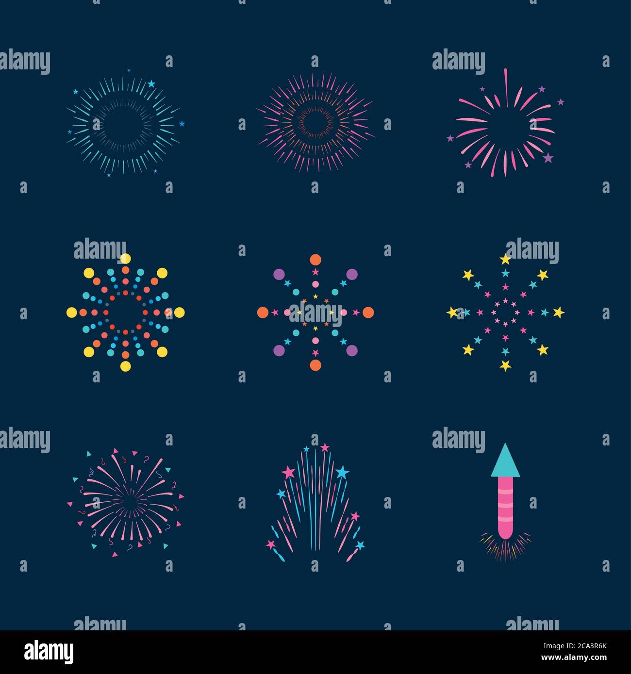fireworks explosion icon set over blue background, flat style, vector ...