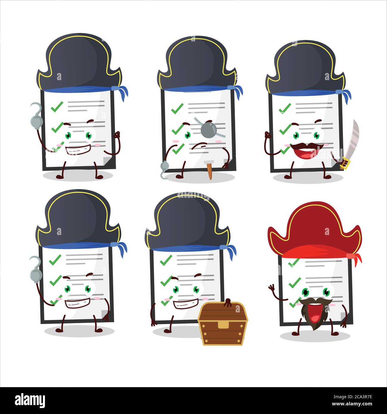 Cartoon character of clipboard with checklist with various pirates ...
