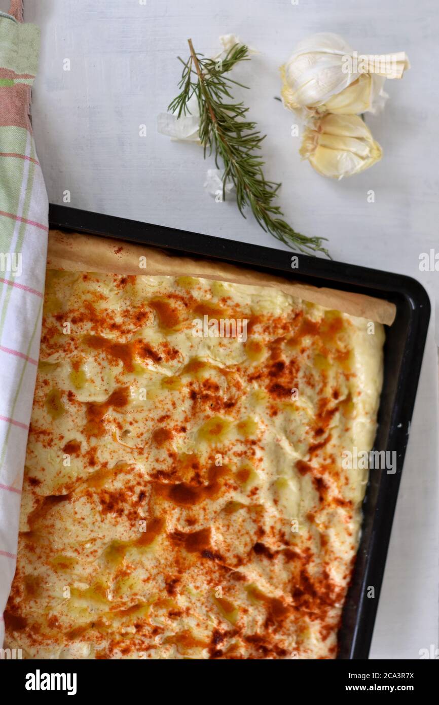 Homemade Italian Focaccia Modenese, with rosemary and olive oil ...
