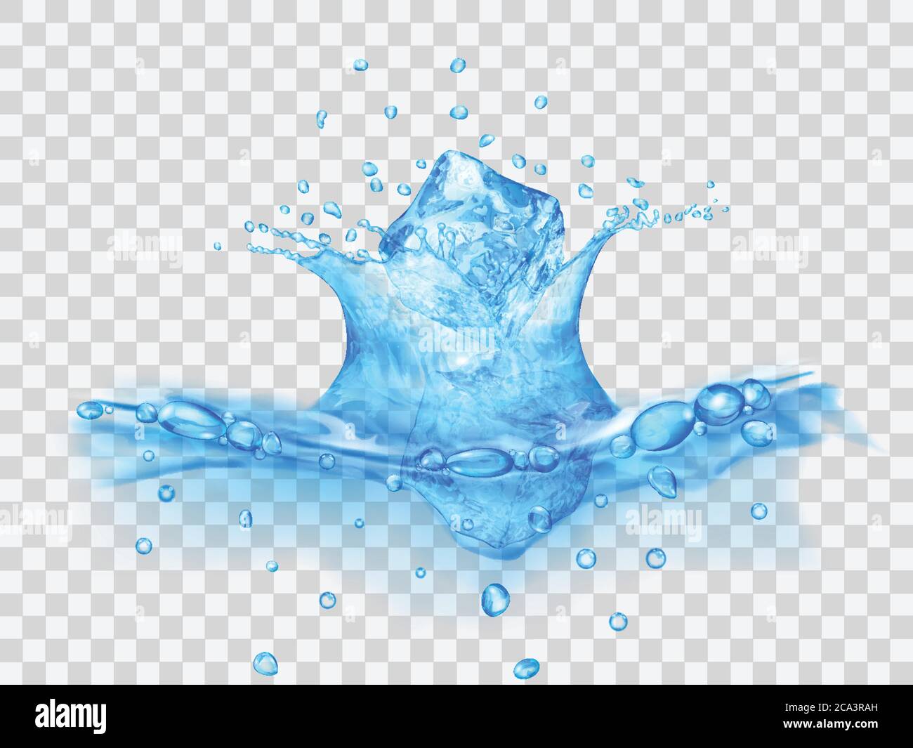 Translucent water surface with crown and drops from falling ice cubes ...