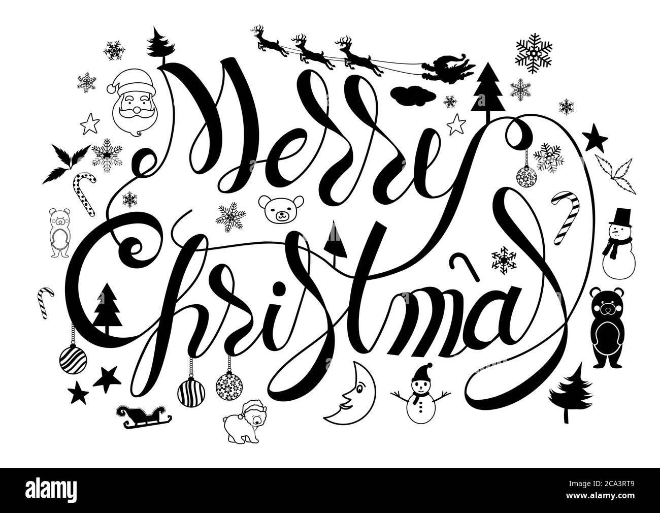 Merry Christmas Hand Drawn Lettering With Ornaments Doodle For