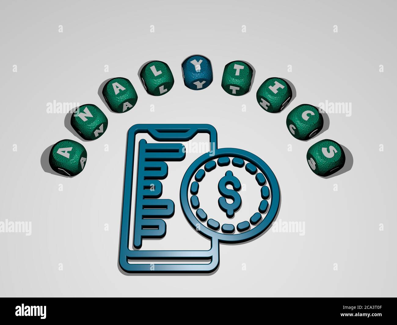 3D graphical image of ANALYTICS vertically along with text built around ...