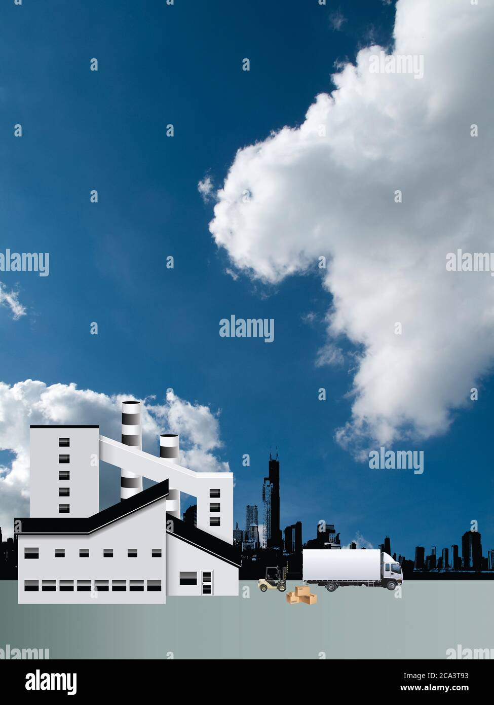 Modern factory building with generic silhouetted city skyline set ...
